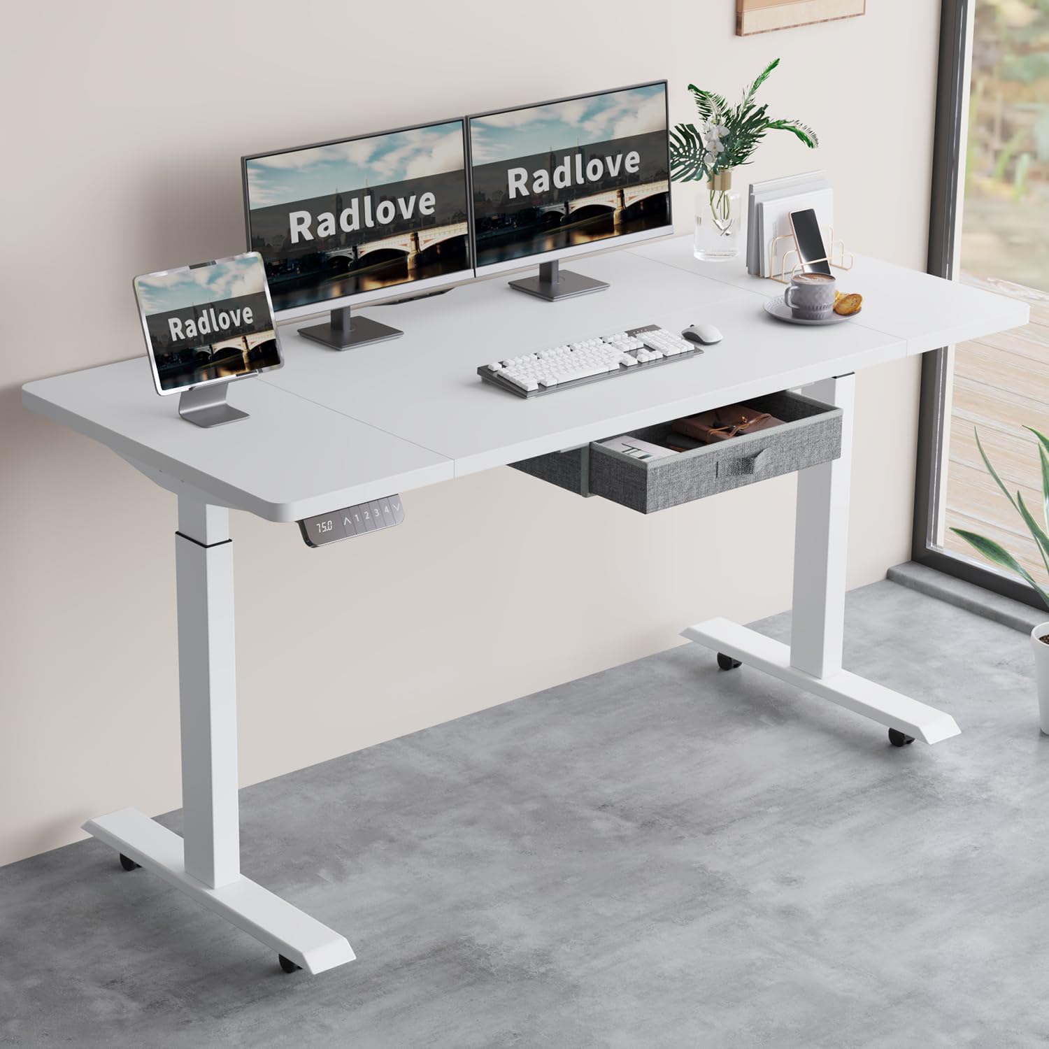 Radlove Dual Motors Height Adjustable 63 x 30'' Electric Standing Desk with Drawer Stand Up Table 4 Memory Keys, Computer Desk with Splice Board Home Office Desk, White Top + White Frame