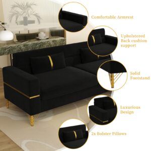 DOLPHINDO 86" W Velvet Couch Sofa with Bolster Pillows,Oversized Mid-Century Modern Sofa Tufted Comfy 3 Seater Sofa Couch with Gold Metal Legs for Living Room Furniture