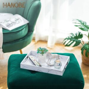 Hanobe Bathroom Vanity Tray Decorative: White Faux Marble Perfume Trays with Black Handles Rectangle Modern Table Decor for Dresser Counter