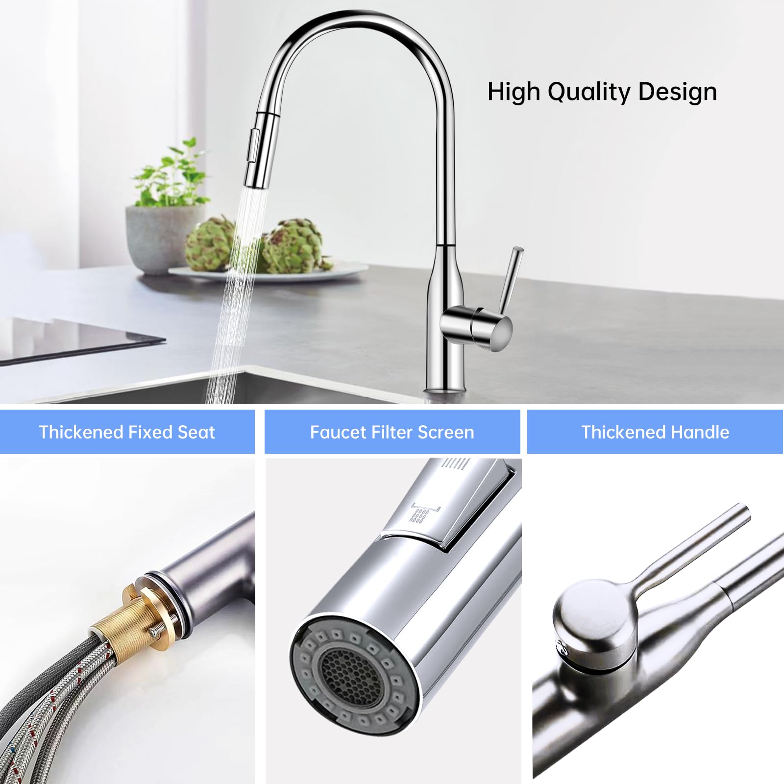 KUKKUME Kitchen Faucets with Pull Down Sprayer, Single Handle Kitchen Sink Faucet Modern Staninless Steel Kitchen Faucet Chrome