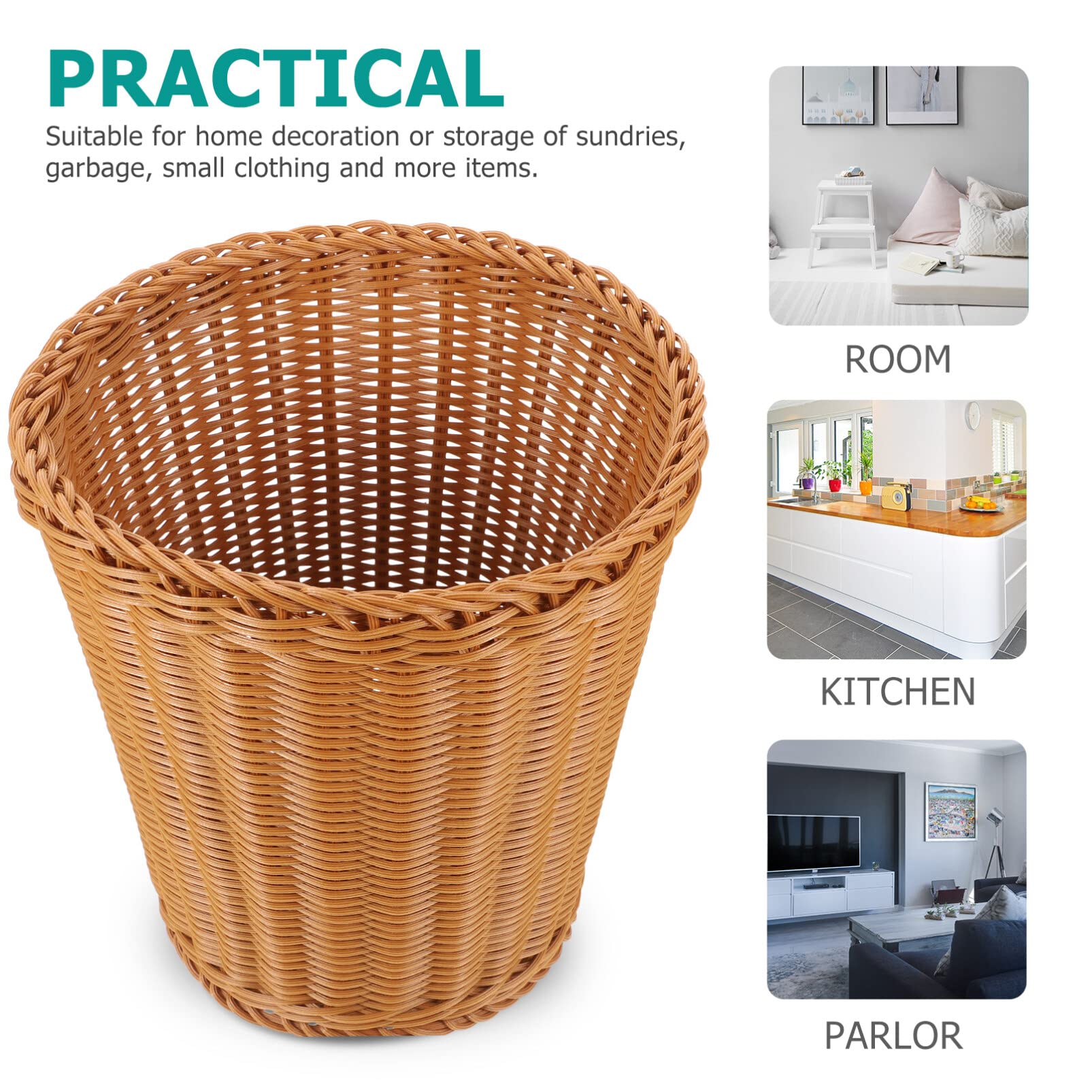 Amosfun Rattan Waste Baskets, Round Woven Trash Can Wicker Garbage Containers Bin Rustic Flower Baskets Laundry Hamper for Home Bathroom Kitchen Office Brown