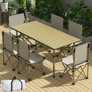 vaian multi piece set of outdoor,terrace folding dining tables and multiple folding chairs, suitable for courtyards, gardens, porch, and poolsides (wood color 6 chairs+1 table)