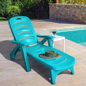 moccha plastic folding lounge chair, 5-position adjustable chaise lounge with 2 rolling wheels, armrest, outdoor chaise chair for patio, beach, backyard, poolside, home (1, turquoise)