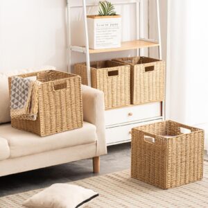 Foldable Storage Baskets with Handles Paper Rope Storage Baskets Rectangle Collapsible Hand Woven Storage Cubes Bins for Organizing Shelves Living Room Bedroom Pantry (4, 13'' x 13'' x 13'')