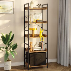 rolanstar bookshelf 5 tier with removable drawer, tall narrow bookcase, industrial wooden display shelves for bedroom, living room, office, kitchen, rustic brown