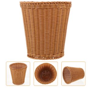 Amosfun Rattan Waste Baskets, Round Woven Trash Can Wicker Garbage Containers Bin Rustic Flower Baskets Laundry Hamper for Home Bathroom Kitchen Office Brown