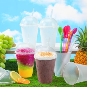 Ninehaoou 6 Sets 16 oz Reusable Glitter Plastic Cups with Dome Lids Detachable Spoon Straws Reusable Plastic Slushy Smoothie Tumbler for Halloween Xmas Thanksgiving Party Supplies (Transparent White)