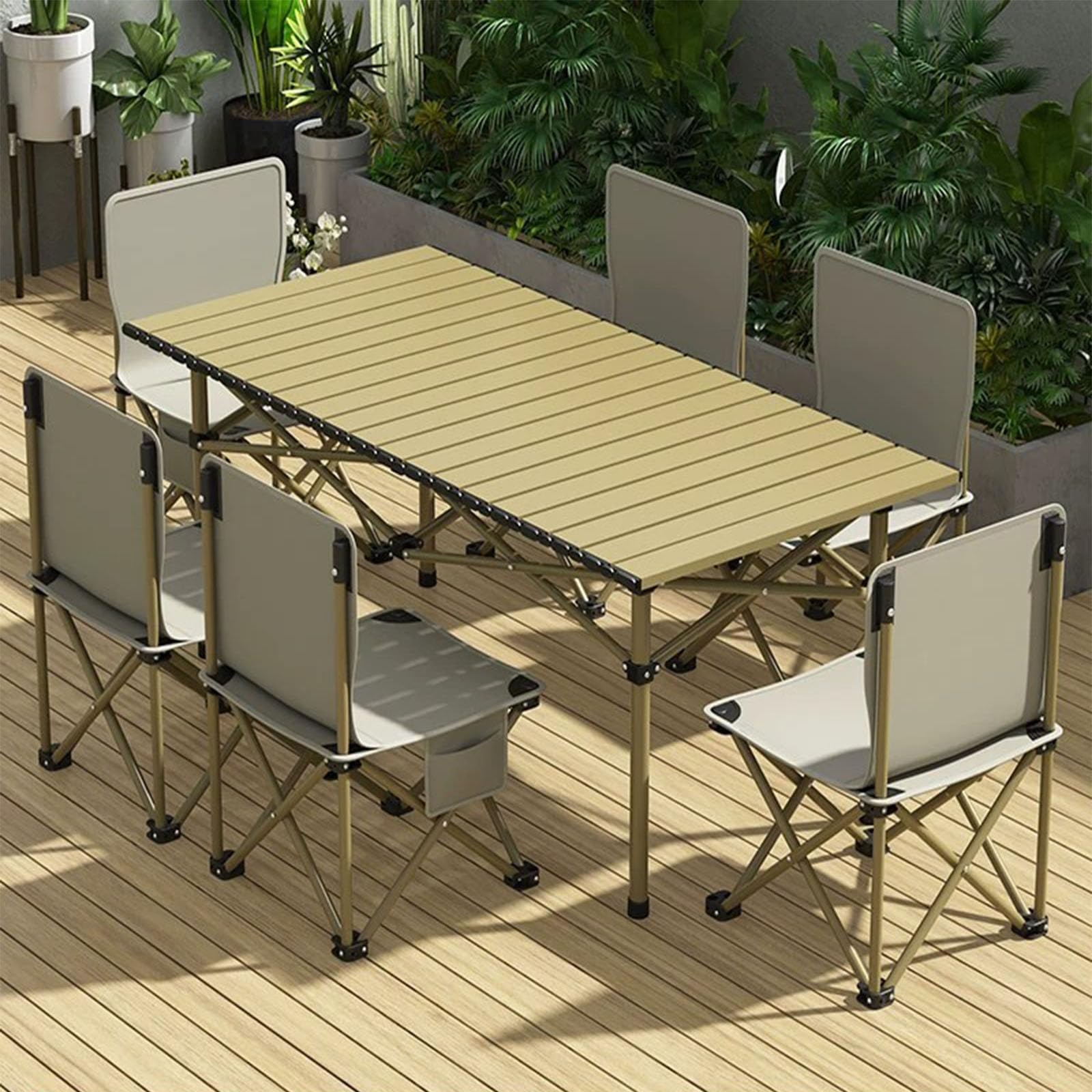 Vaian Multi Piece Set of Outdoor,Terrace Folding Dining Tables and Multiple Folding Chairs, Suitable for Courtyards, Gardens, Porch, and Poolsides (Wood Color 6 Chairs+1 Table)