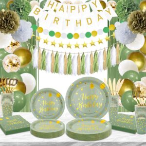 192 pcs sage green birthday party decorations - sage green birthday plates and napkins party supplies serve 20 - sage birthday decorations with birthday banner balloon fringe curtain for women girls