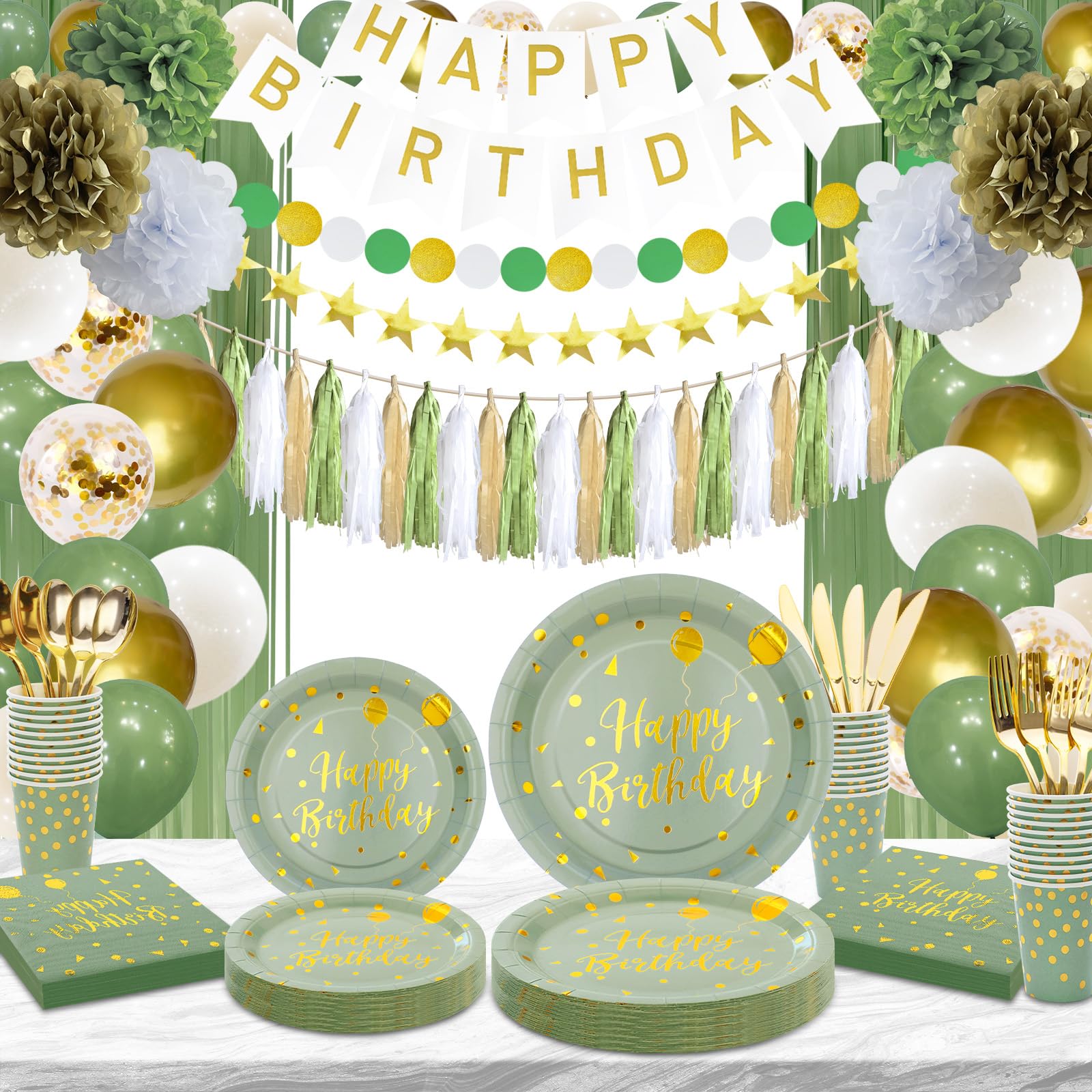 192 Pcs Sage Green Birthday Party Decorations - Sage Green Birthday Plates and Napkins Party Supplies Serve 20 - Sage Birthday Decorations with Birthday Banner Balloon Fringe Curtain for Women Girls