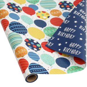 bulkytree reversible birthday wrapping paper roll for boys girls kids men women - colorful balloon happy birthday and stars - gift wrap paper for birthday party holiday