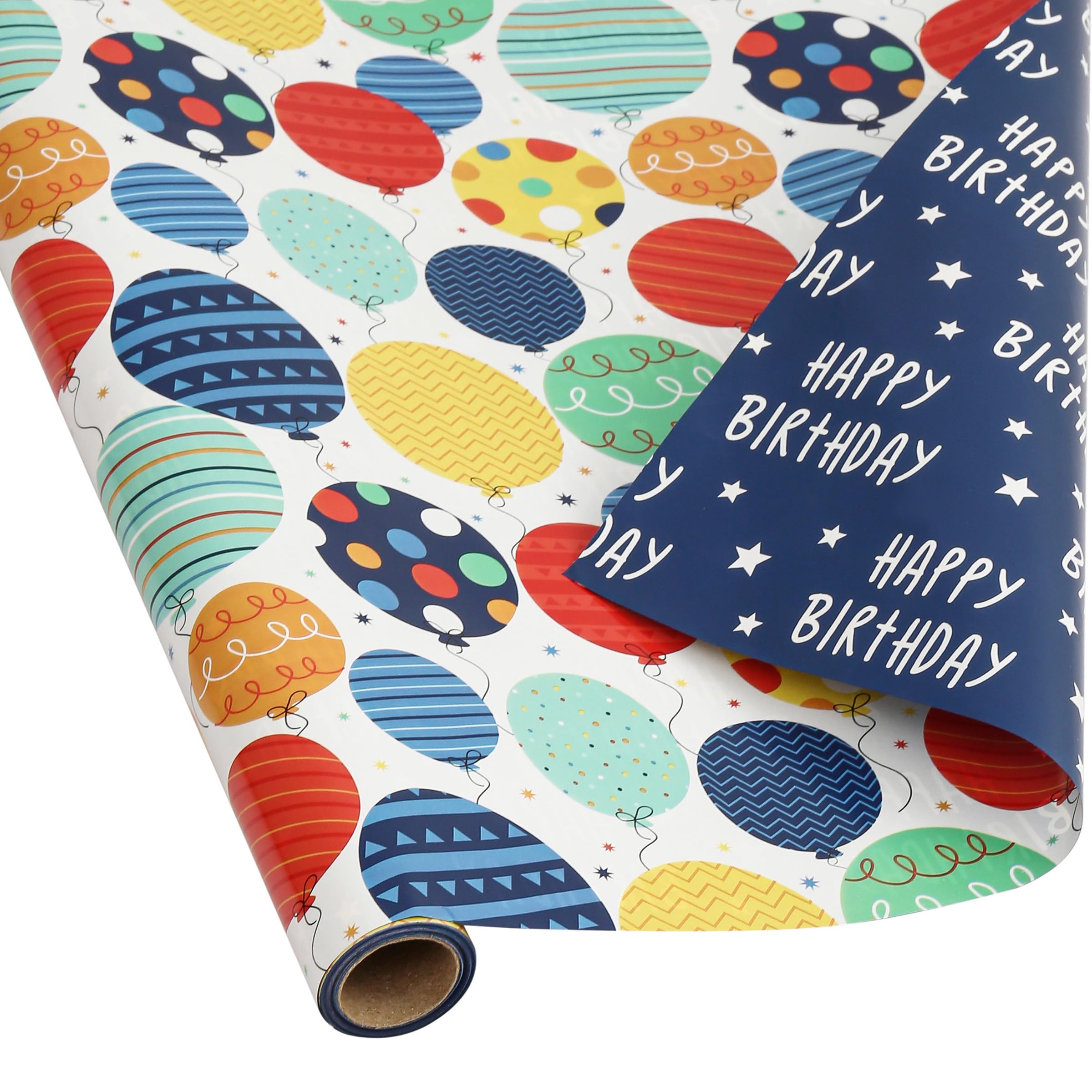 BULKYTREE Reversible Birthday Wrapping Paper Roll for Boys Girls Kids Men Women - Colorful Balloon Happy Birthday and Stars - Gift Wrap Paper for Birthday Party Holiday