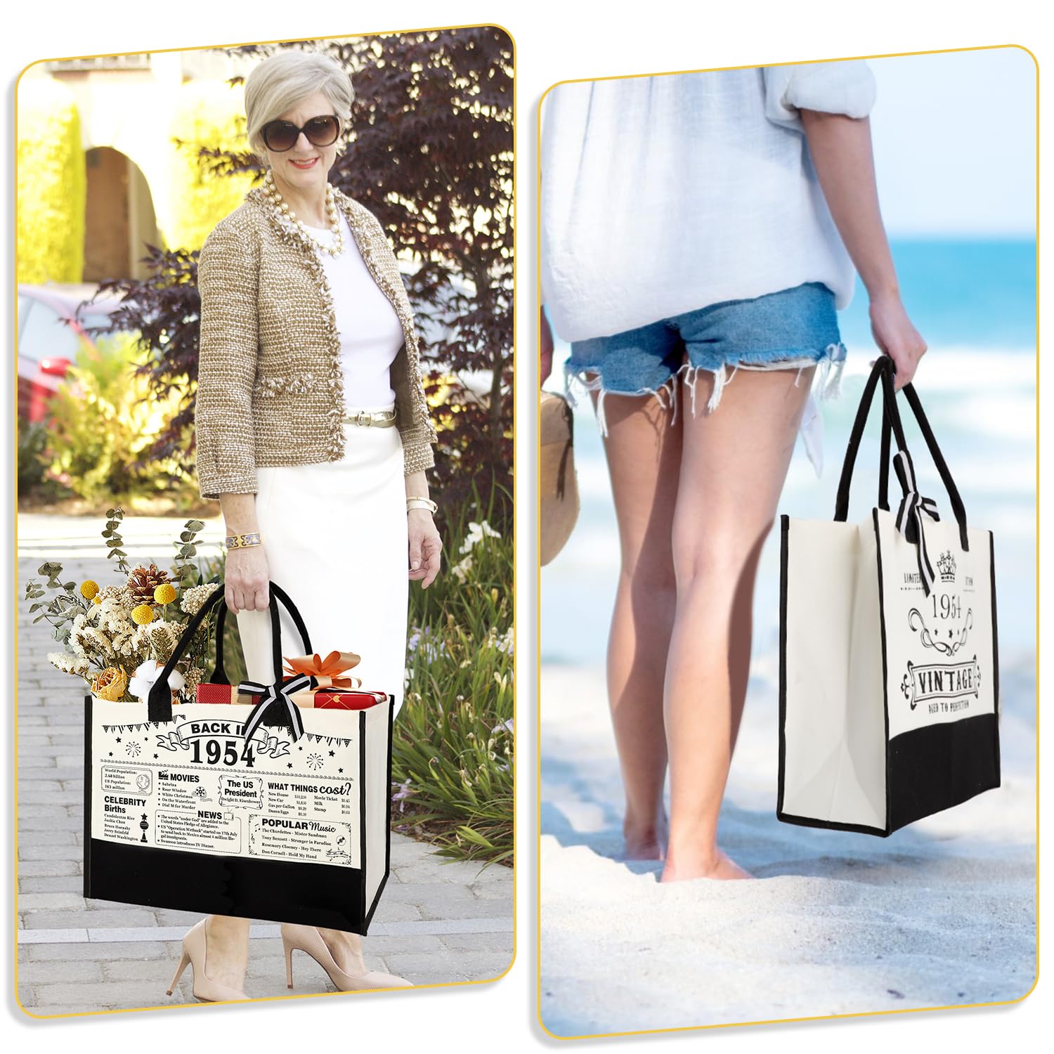 70th Birthday Gifts for Women Canvas Tote Bag Travel Gear, Unique 70 Years Old Gifts for Mom Aunt Friends Wife Sister Her Turning 70, Vintage 1954 Beach Bag & Cosmetic Bag & Back in 1954 Poster