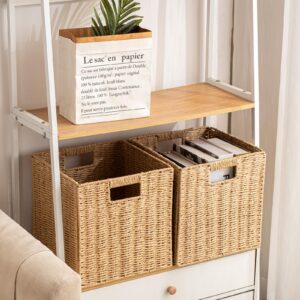 Foldable Storage Baskets with Handles Paper Rope Storage Baskets Rectangle Collapsible Hand Woven Storage Cubes Bins for Organizing Shelves Living Room Bedroom Pantry (4, 13'' x 13'' x 13'')