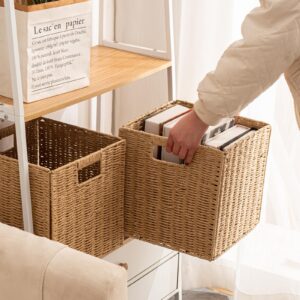 Foldable Storage Baskets with Handles Paper Rope Storage Baskets Rectangle Collapsible Hand Woven Storage Cubes Bins for Organizing Shelves Living Room Bedroom Pantry (4, 13'' x 13'' x 13'')