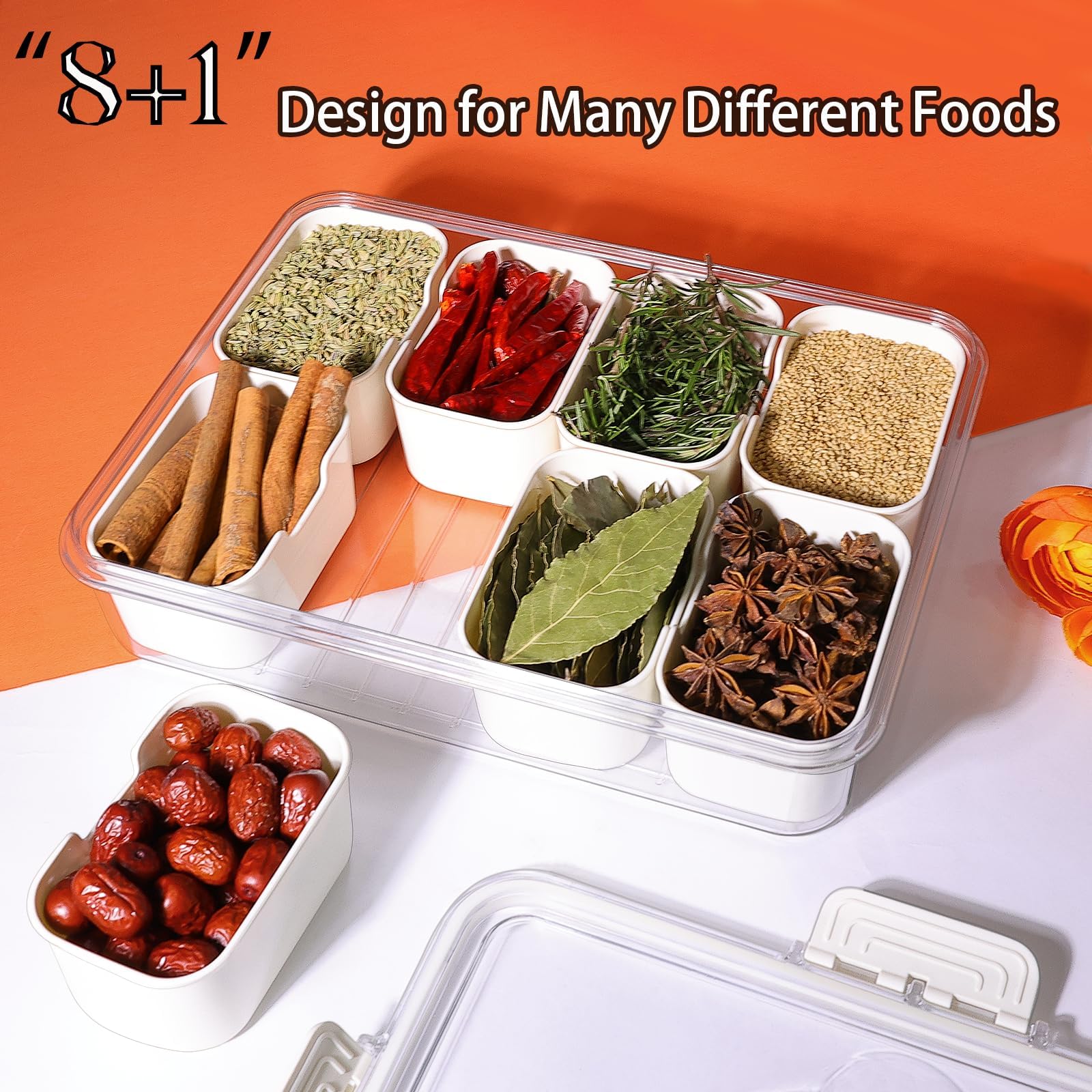 Divided Serving Tray with Lid and Handle, 8 Compartment Snackle Box Container, Travel Charcuterie Board with Lid for Kids and Adults, Snack Box Container - Fruit, Vegetable, Candy, Snack Tray with Lid