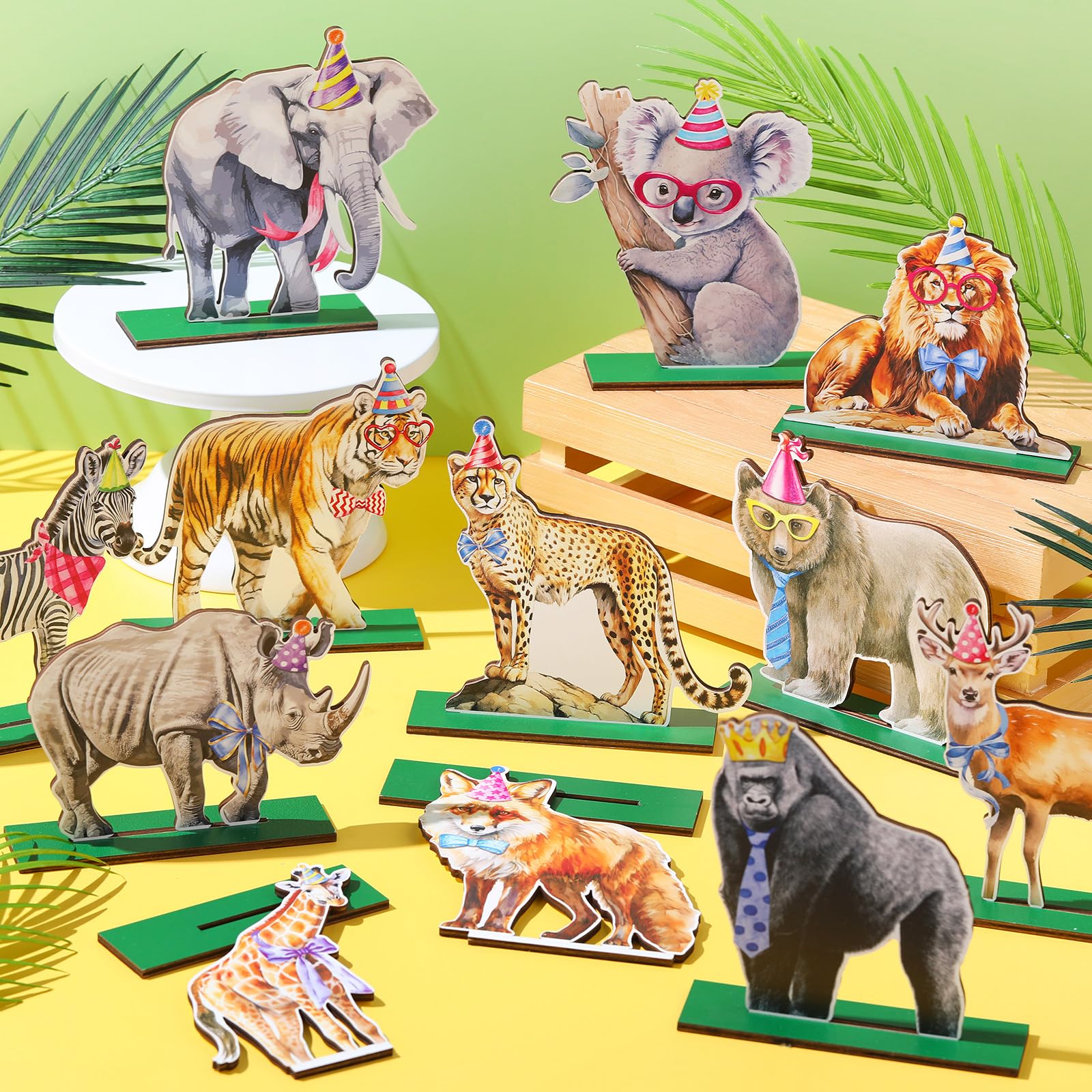 Blosssound 12 Pcs Jungle Safari Table Decoration Wooden Wild One Table Signs Jungle Animal Centerpiece Safari Party Block Sign for Kids Safari Theme Party Baby Shower Birthday Party Supplies Decor