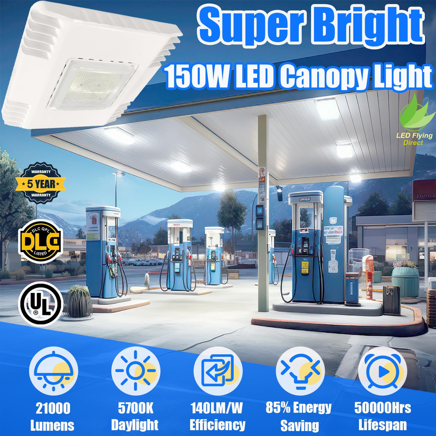 150W LED Canopy Light, 21000LM 5700K Daylight White Gas Station Canopy Light, Surface Mount Commercial Garage Lighting(600W HID/HPS Equivalent), IP65 Waterproof 90-277VAC UL&DLC Listed