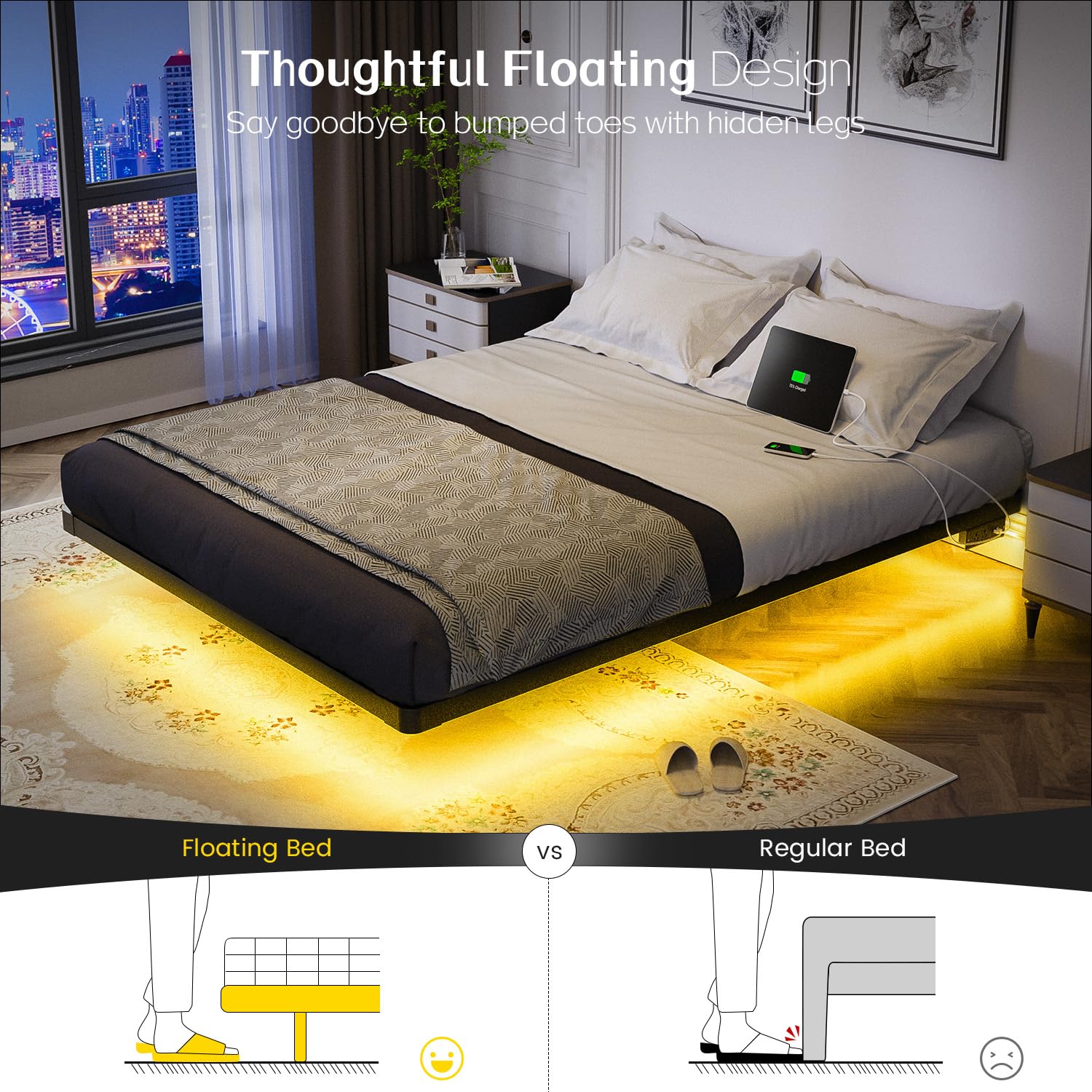 OLEVS Floating Bed Frame Queen Size with Smart LED Lights and Charging Station - Modern Metal Platform Bed, Easy Assembly No Box Spring Needed