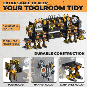 WIWIDRM Upgrade Large Power Tool Organizer Wall Mount with Charging Station Tool Storage Rack with 6.5FT Power Strip 10 Drill Holder and Storage Rack for Garage Organization