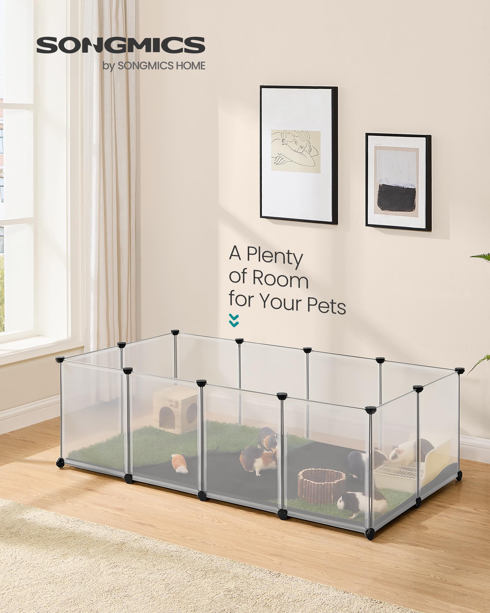 SONGMICS 20 Panels Guinea Pig Playpen,Removable Oxford Fabric Mat,Small Animal Pen, Pet Fence Indoor,DIY Plastic Enclosure for Hamsters, Rabbits, Hedgehogs, 49.2 x 24.8 x 16.5 Inches, White ULPC009W01