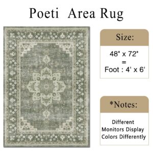 Poeti Washable Rug, Ultra Thin 4x6 Rug - Non Slip Carpet - Small Area Rugs for Living Room Entryway Rug - Vintage Floral Rug, Green Rug