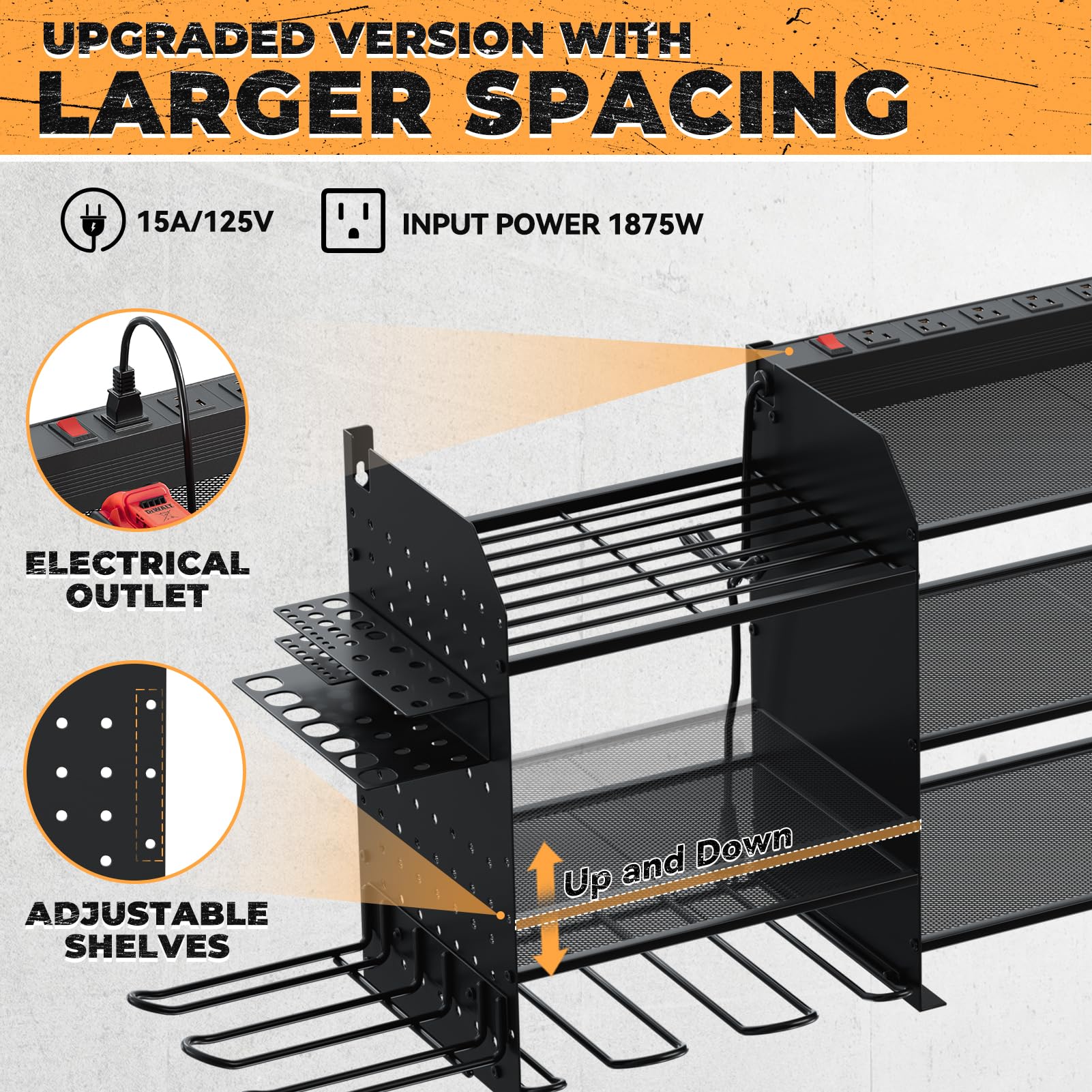 WIWIDRM Upgrade Large Power Tool Organizer Wall Mount with Charging Station Tool Storage Rack with 6.5FT Power Strip 10 Drill Holder and Storage Rack for Garage Organization