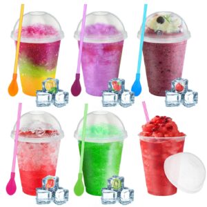 ninehaoou 6 sets 16 oz reusable glitter plastic cups with dome lids detachable spoon straws reusable plastic slushy smoothie tumbler for halloween xmas thanksgiving party supplies (transparent white)