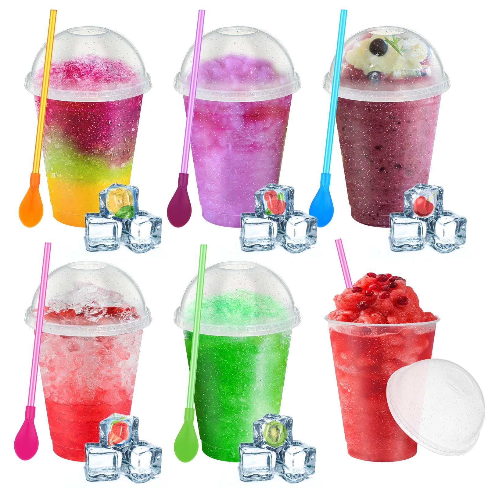 Ninehaoou 6 Sets 16 oz Reusable Glitter Plastic Cups with Dome Lids Detachable Spoon Straws Reusable Plastic Slushy Smoothie Tumbler for Halloween Xmas Thanksgiving Party Supplies (Transparent White)