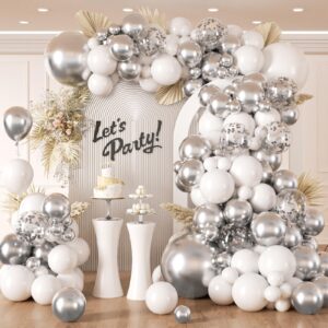 132pcs silver and white balloon arch kit, metallic silver and white balloons different sizes of 18 12 10 inch balloons for wedding anniversary baby shower graduation birthday party decoration