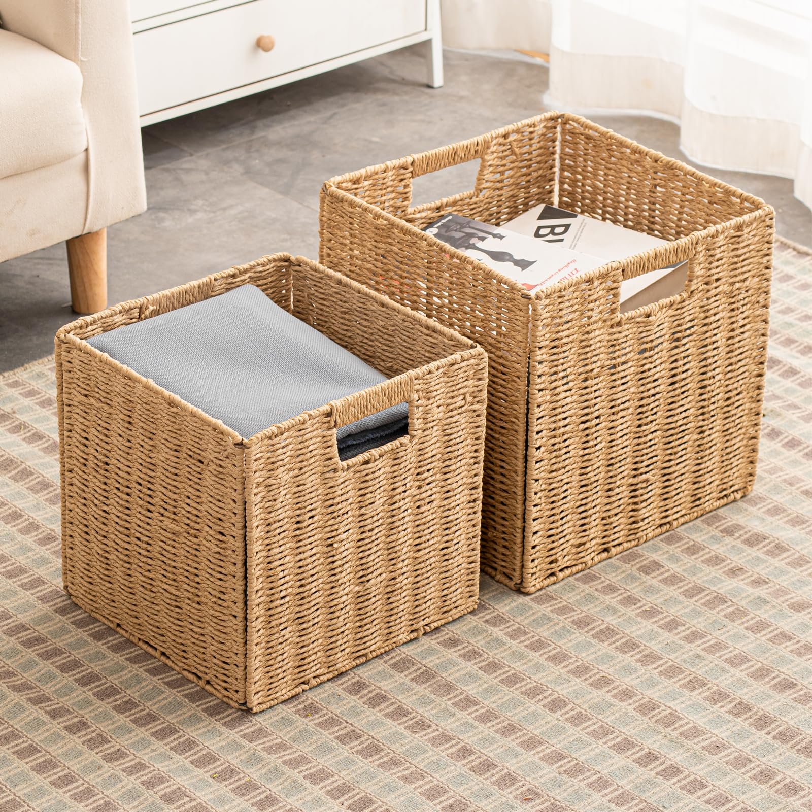 Foldable Storage Baskets with Handles Paper Rope Storage Baskets Rectangle Collapsible Hand Woven Storage Cubes Bins for Organizing Shelves Living Room Bedroom Pantry (4, 13'' x 13'' x 13'')