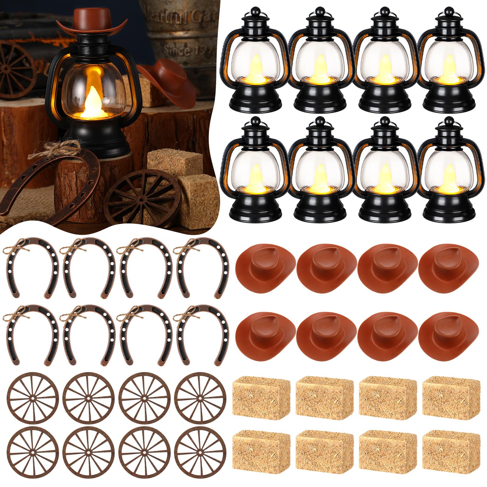 Ferraycle 60 Pcs Cowboy Theme Party Decoration Western Party Decor Rodeo Table Centerpieces Rustic Mini Cowboy Hat Lantern Horseshoe Wagon Wheel Hay Bales for Adult Cowgirl Country Party (Brown)