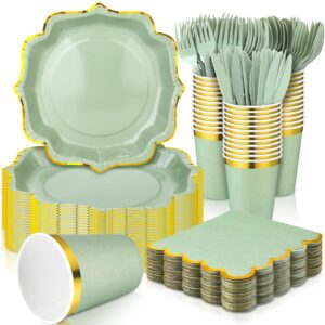 gejoy 144 pcs baby shower plates and napkins party supplies bridal shower tableware set serve 24 guests disposable paper plates napkins cup fork knives spoon for birthday wedding party (sage green)