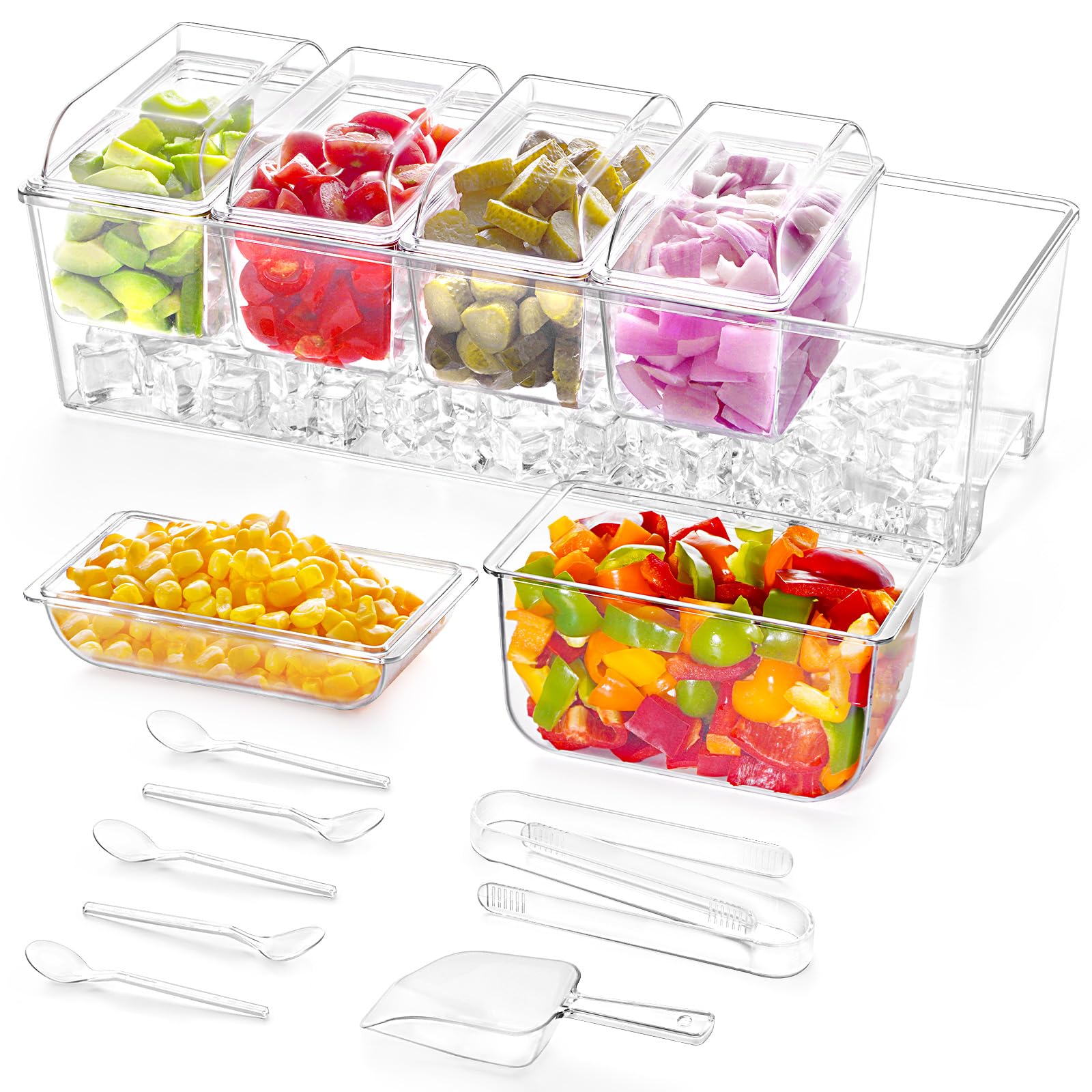 Lifewit Taco Bar Serving Set for Party with 5 Containers(2.5 Cup) & Components, Large Ice Chilled Condiment Caddy Organizer, Garnish Serving Tray Platter for Mimosa Bar Accessories, Fruit, Salad, Food