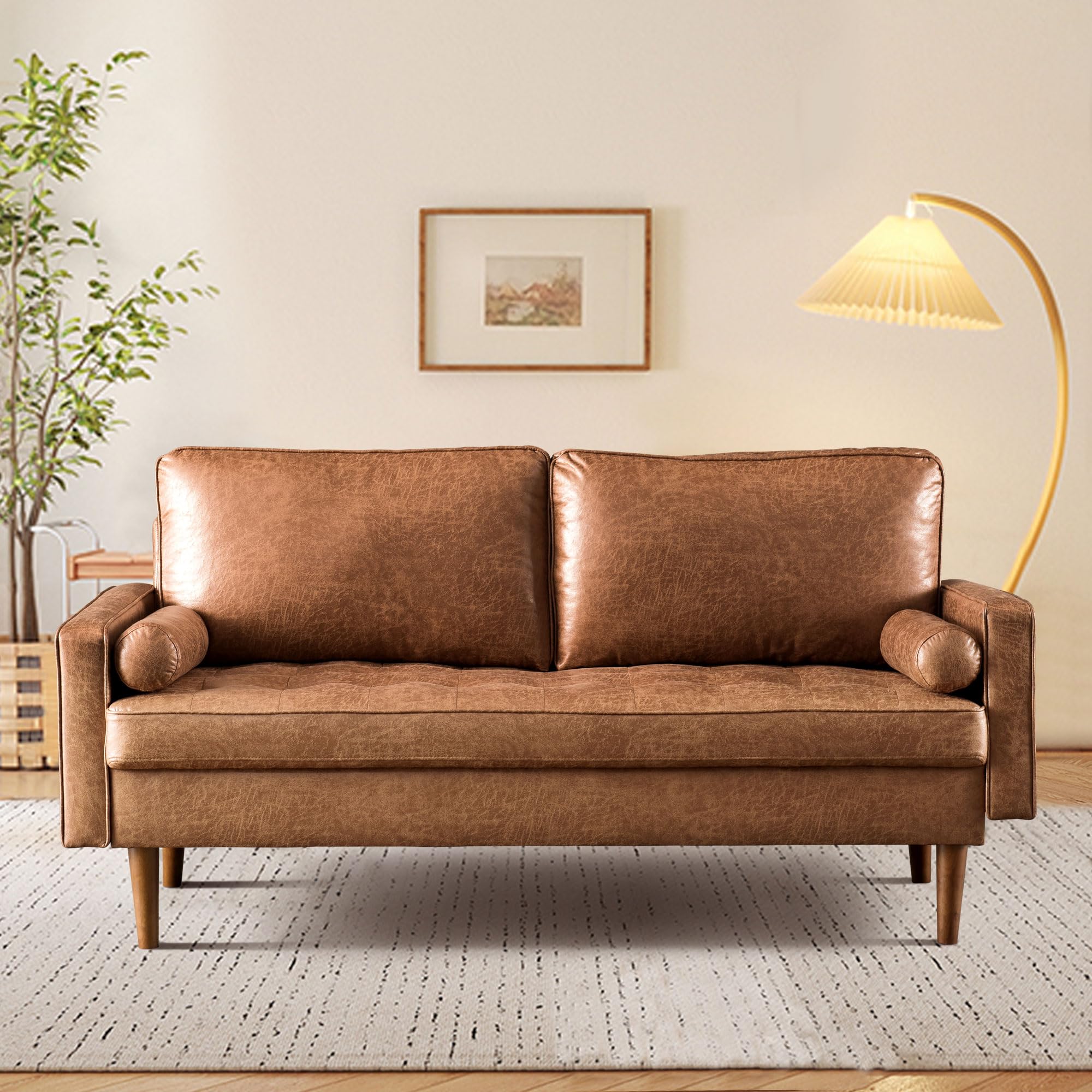 ALTRIGUS Mid Century Modern 70" Small Loveseat couches for Living Room,Compy Couch with Armrest,Faux Leather Sofa with Deep Seat,Love seat for Small Space Bedroom Apartment Office(Brown)