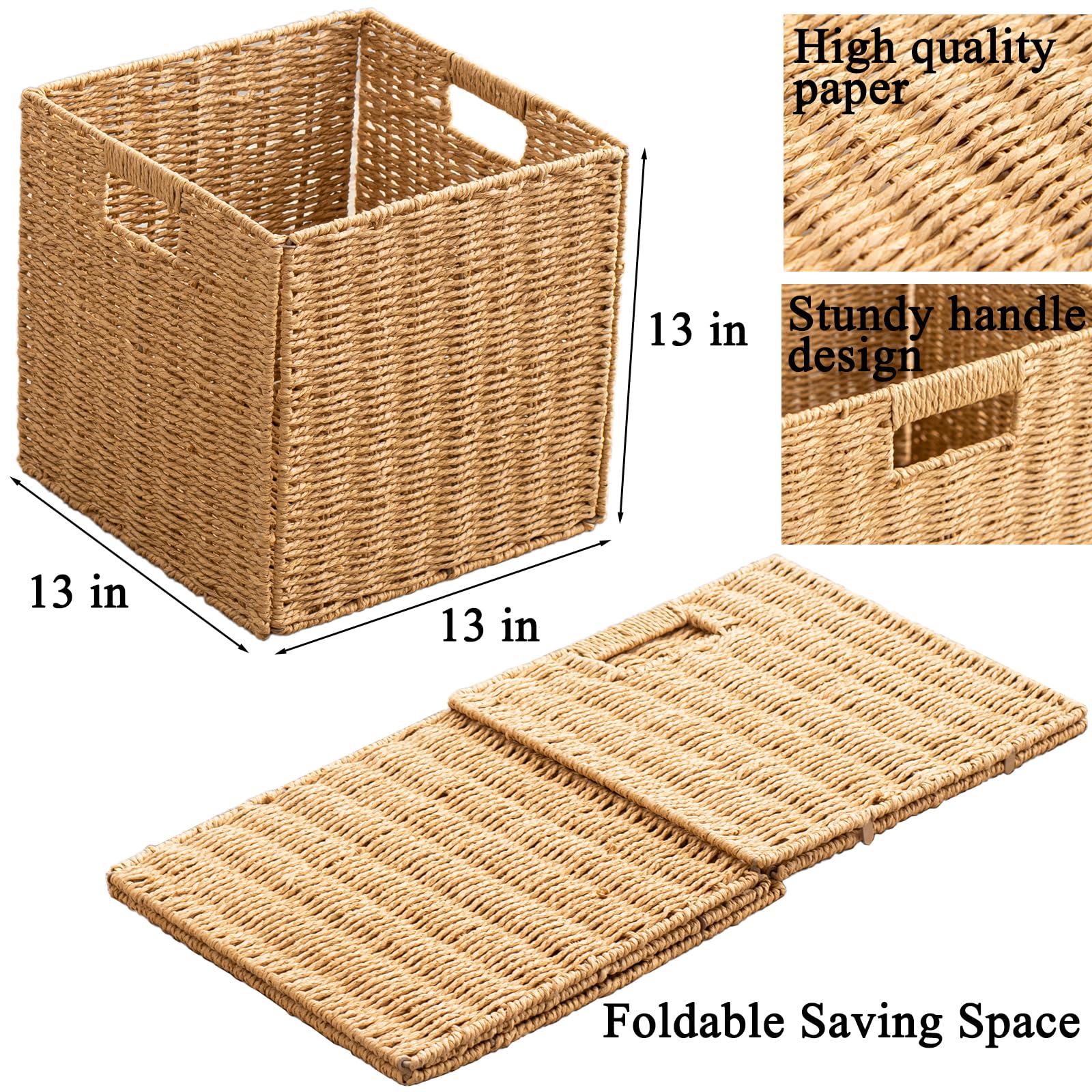 Foldable Storage Baskets with Handles Paper Rope Storage Baskets Rectangle Collapsible Hand Woven Storage Cubes Bins for Organizing Shelves Living Room Bedroom Pantry (4, 13'' x 13'' x 13'')