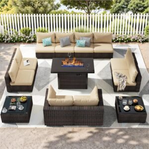 outdoor patio furniture set with fire pit table, 13 pieces outdoor furniture set patio sectional sofa w/42in propane fire pit, pe wicker rattan patio conversation sets - beige