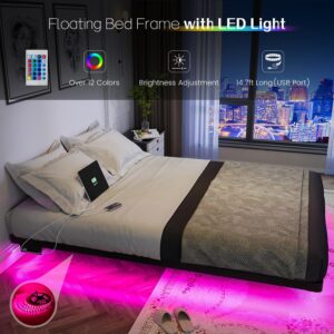 OLEVS Floating Bed Frame Queen Size with Smart LED Lights and Charging Station - Modern Metal Platform Bed, Easy Assembly No Box Spring Needed