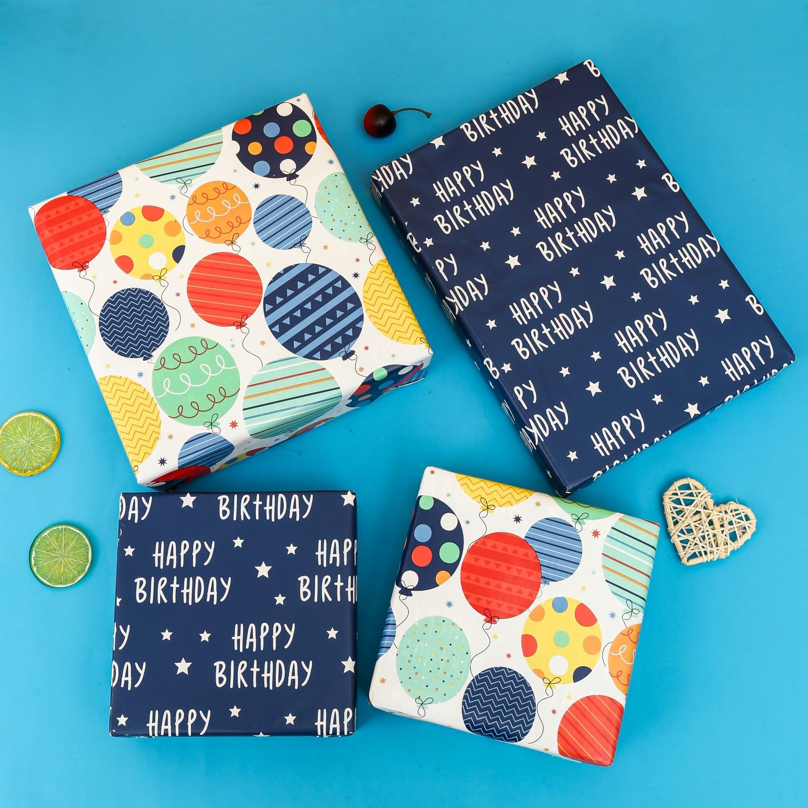 BULKYTREE Reversible Birthday Wrapping Paper Roll for Boys Girls Kids Men Women - Colorful Balloon Happy Birthday and Stars - Gift Wrap Paper for Birthday Party Holiday