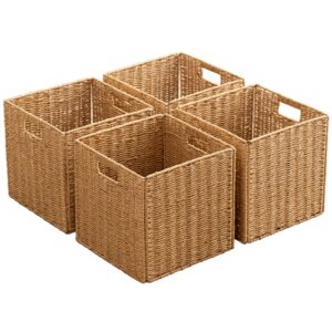 foldable storage baskets with handles paper rope storage baskets rectangle collapsible hand woven storage cubes bins for organizing shelves living room bedroom pantry (4, 13'' x 13'' x 13'')