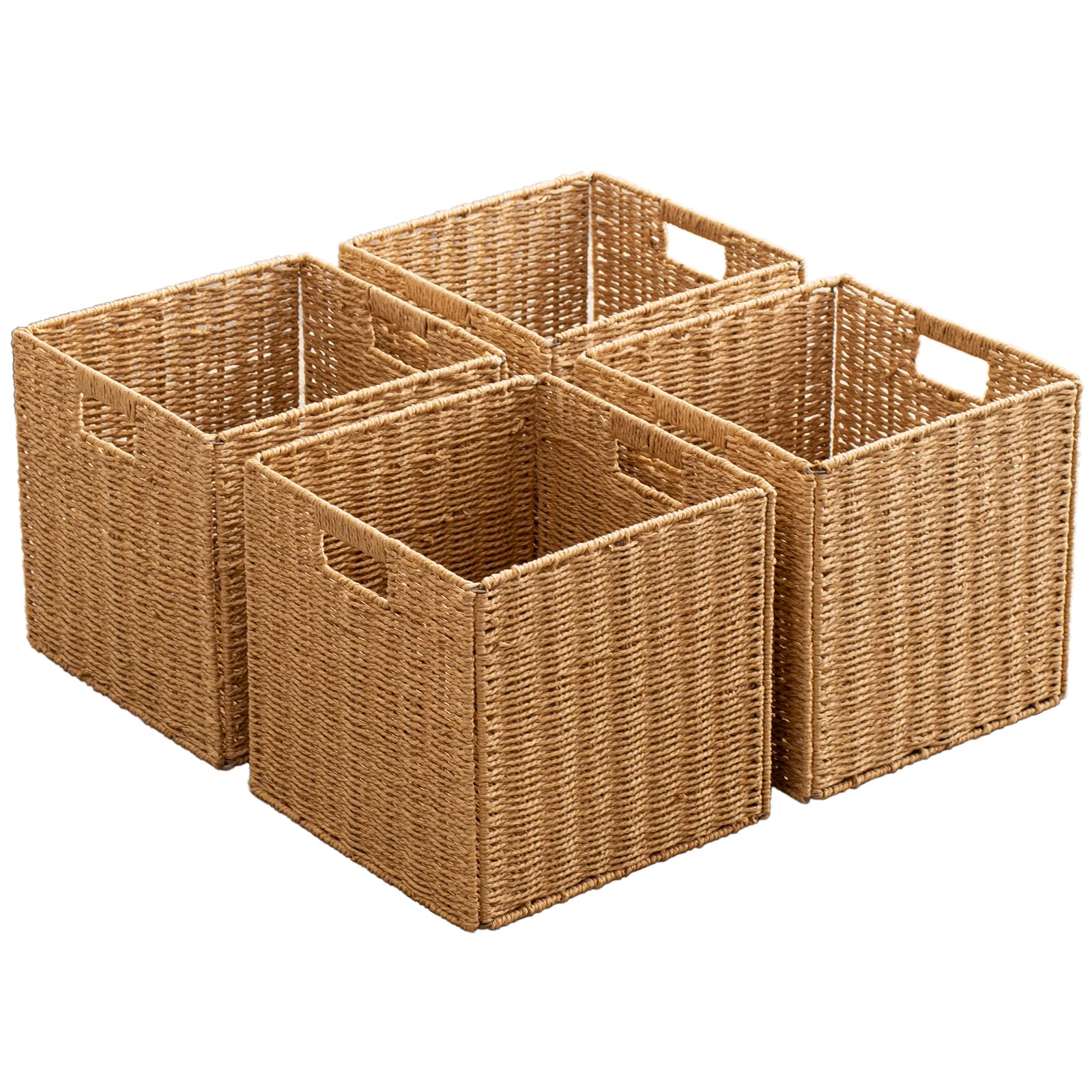 Foldable Storage Baskets with Handles Paper Rope Storage Baskets Rectangle Collapsible Hand Woven Storage Cubes Bins for Organizing Shelves Living Room Bedroom Pantry (4, 13'' x 13'' x 13'')