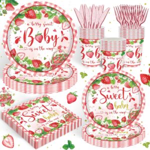 120pcs strawberry baby shower supplies for girls a berry sweet baby pregnancy party decorations disposable dinnerware set paper plates napkins cups set for 20 guests