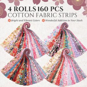 SmoothNovelty 160 Pcs 4 Roll Fabric Strips Assorted Quilting Fabric for Quilting Crafting and Sewing Rolled Cotton for Crafts Blanket Rug Upholstery and Purse Making (Japanese Style)