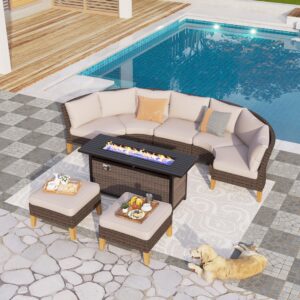 phi villa 8-piece outdoor furniture wicker set with 56" gas fire pit table half-moon curved patio conversation waterproof rattan sofa with ottoman, beige