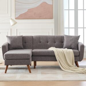 tbfit 80" w l shaped couch with two pillows, mid-century modern couches with wooden legs, l shaped sofa with wide lounge for small space, button tufted gray couch for living room and bedroom, gray