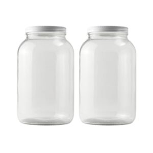 fastrack - pack of 2 one gallon wide mouth jars with white metal airtight lids, 2 glass jars with 2 fermentation lids, ideal glass jars with lid for brewing, fermentation and pickling