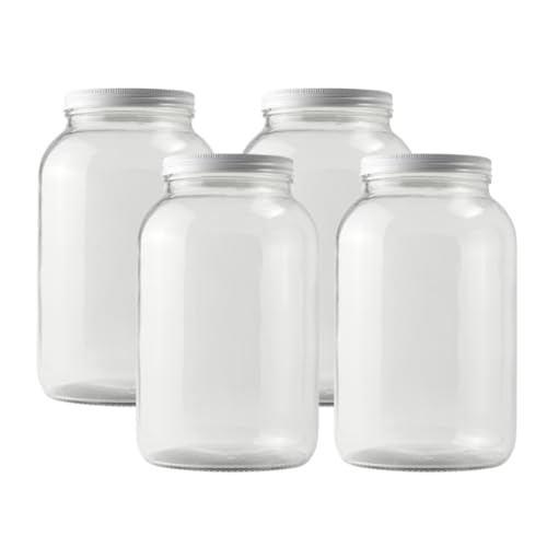 FastRack - Pack of 4 One Gallon Wide Mouth Jar with White METAL Airtight Lid, 4 Glass Jars with 4 Fermentation Lids, Ideal Glass Jars with Lid for brewing, fermentation and pickling