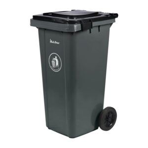 32 gallon large outdoor trash can with lid snap-lock - outside plastic rolling garbage can and wheels- rollout commercial heavy-duty container barrel