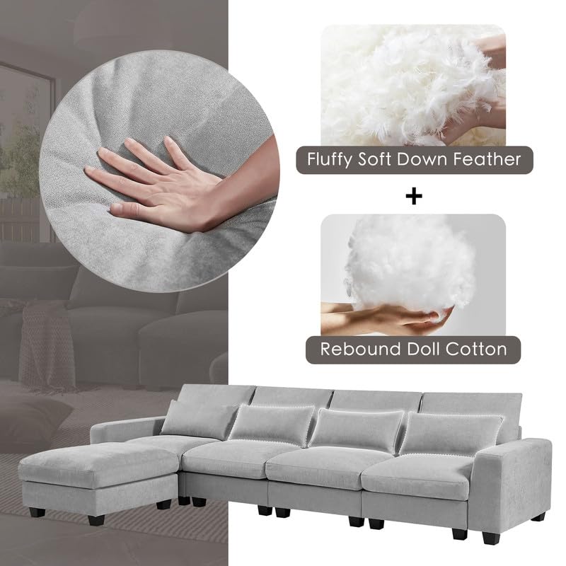 Nolohoo Oversized Sectional Sofa Couch for Living Room, 129.9" Modular Deep Cloud Couch, Fluffy L-Shaped Sofa with Lumbar Pillows, Comfy Upholstered Feather Filled Large Sofa(Light Grey, Linen)