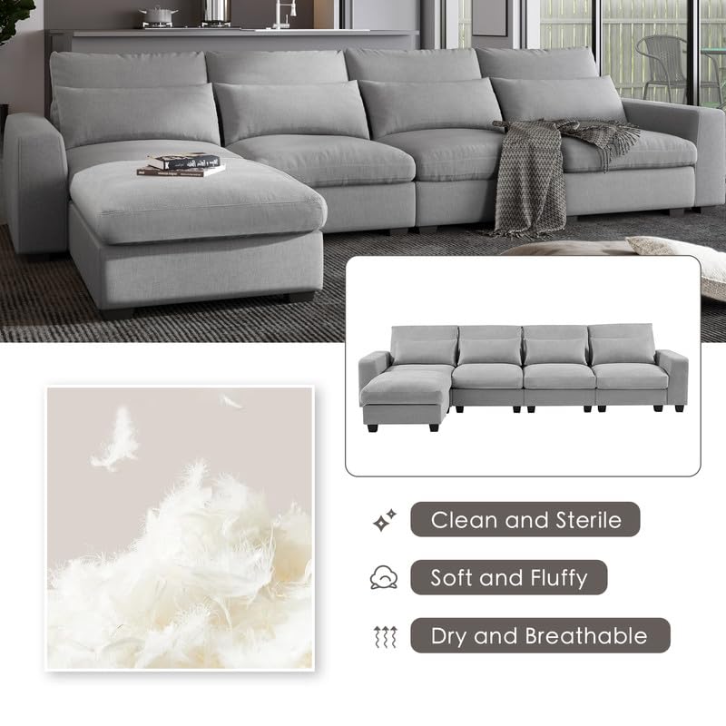 Nolohoo Oversized Sectional Sofa Couch for Living Room, 129.9" Modular Deep Cloud Couch, Fluffy L-Shaped Sofa with Lumbar Pillows, Comfy Upholstered Feather Filled Large Sofa(Light Grey, Linen)